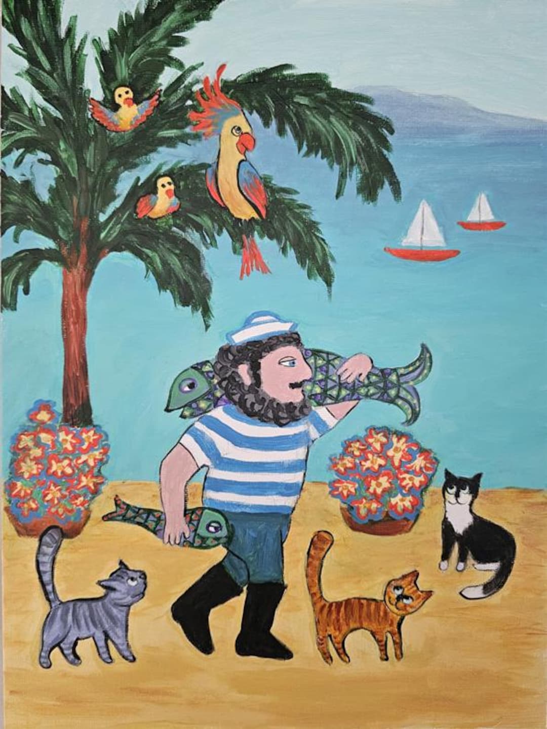 The Fisherman and Cats on the Beach Naive Painting Digital Download ...