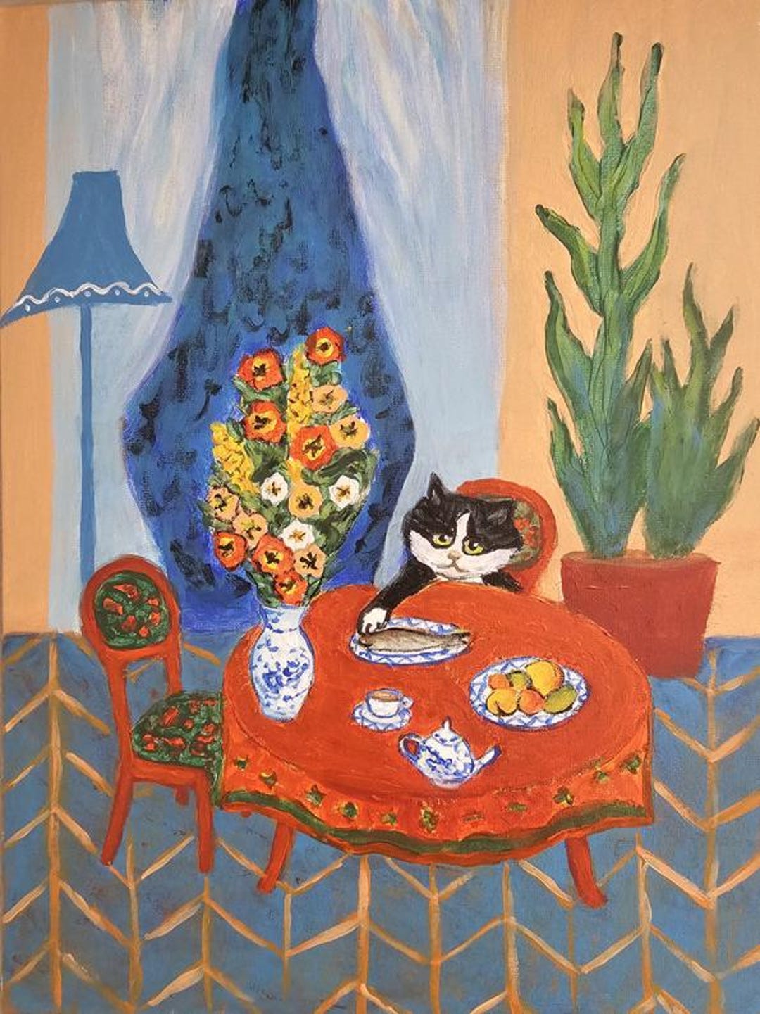 Funny Tuxedo Cat at the Table. Naive Black Cat Art. Cat and Coffee, Cat ...
