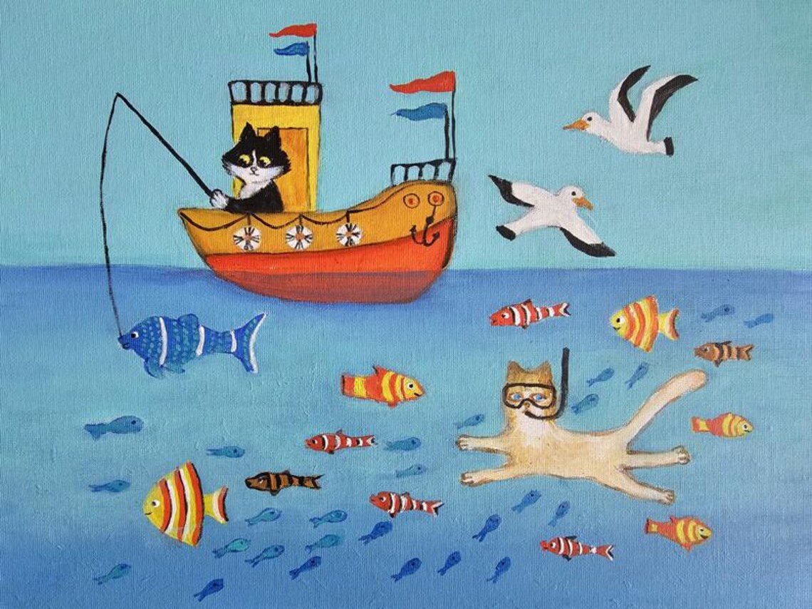 Sailboat Kitties Sailing and Fishing Cats Painting Digital Download ...