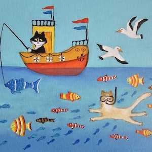 Sailboat Kitties Sailing and Fishing Cats Painting Digital Download ...