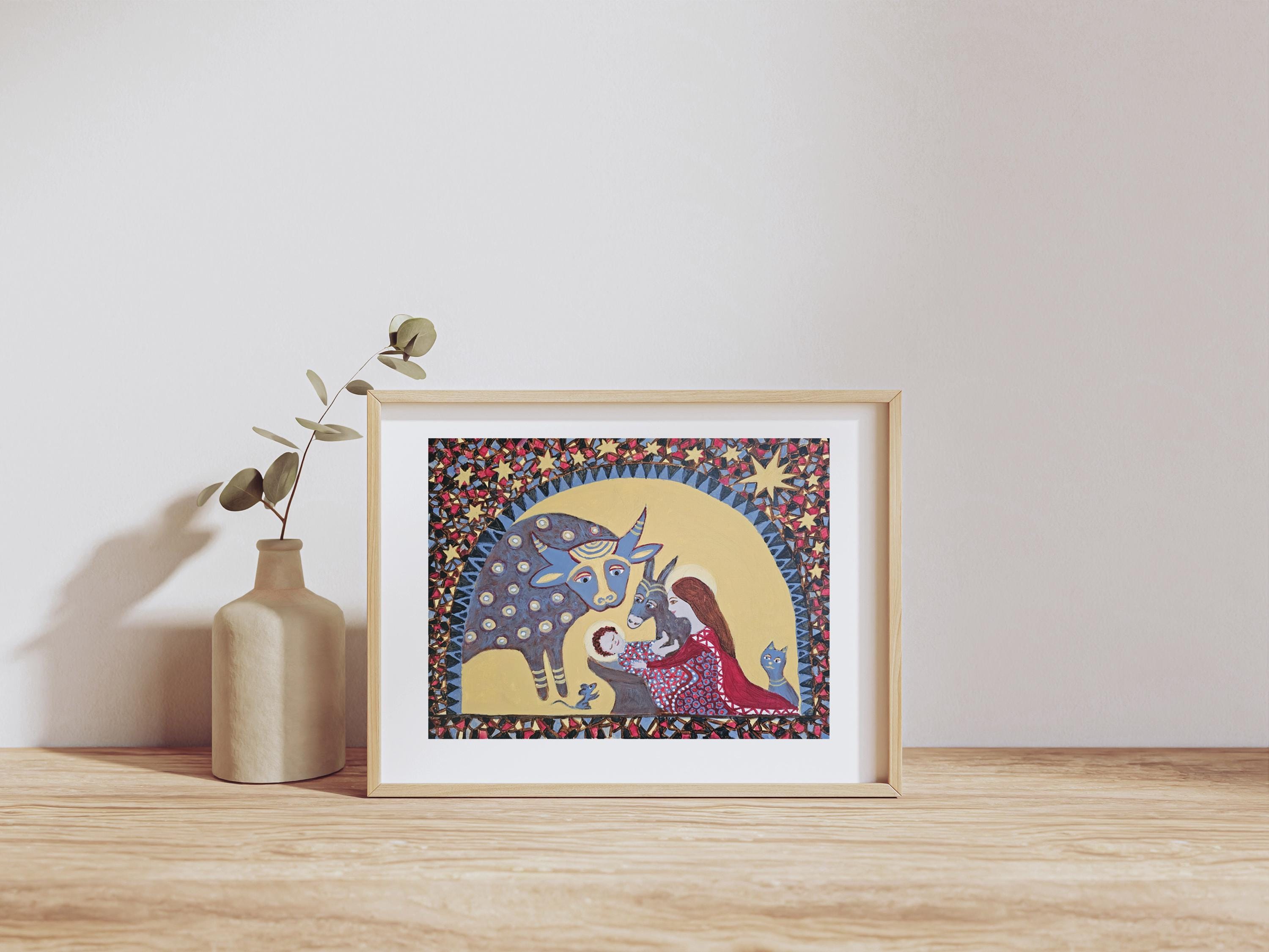 Christmas Nativity Scene Mary Holds Jesus in Cradle Surrounded by ...