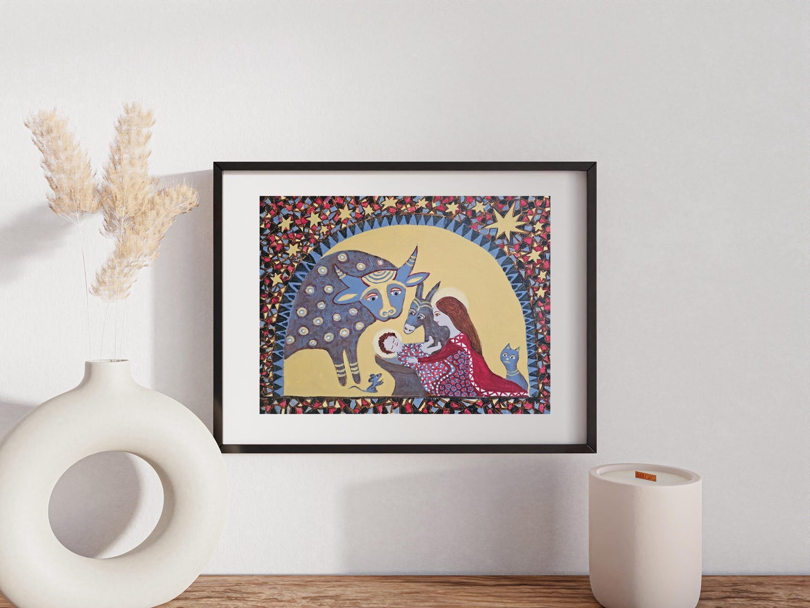 Christmas Nativity Scene Mary Holds Jesus in Cradle Surrounded by ...