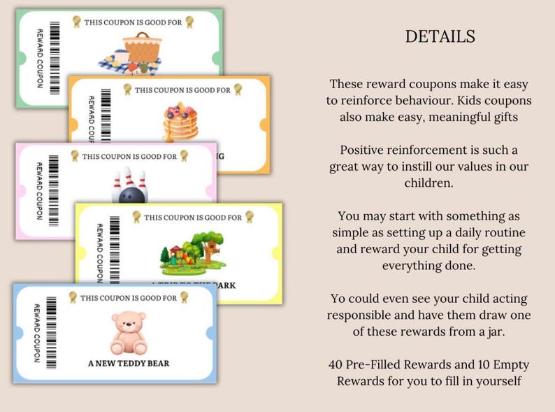 Kid's Reward Tickets Printable, Kids Reward Coupons, Children's Good ...
