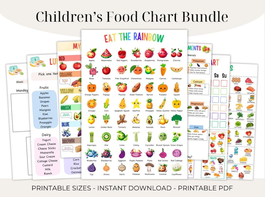 Kids Food Nutrition Chart Printable Bundle, Healthy Food Educational ...