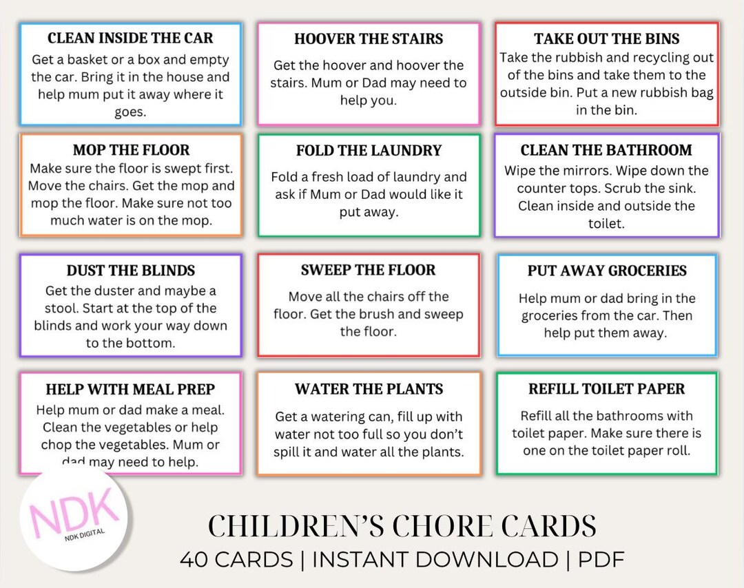 Editable Chore Cards for Kids Printable Chore Cards Chores for Older ...
