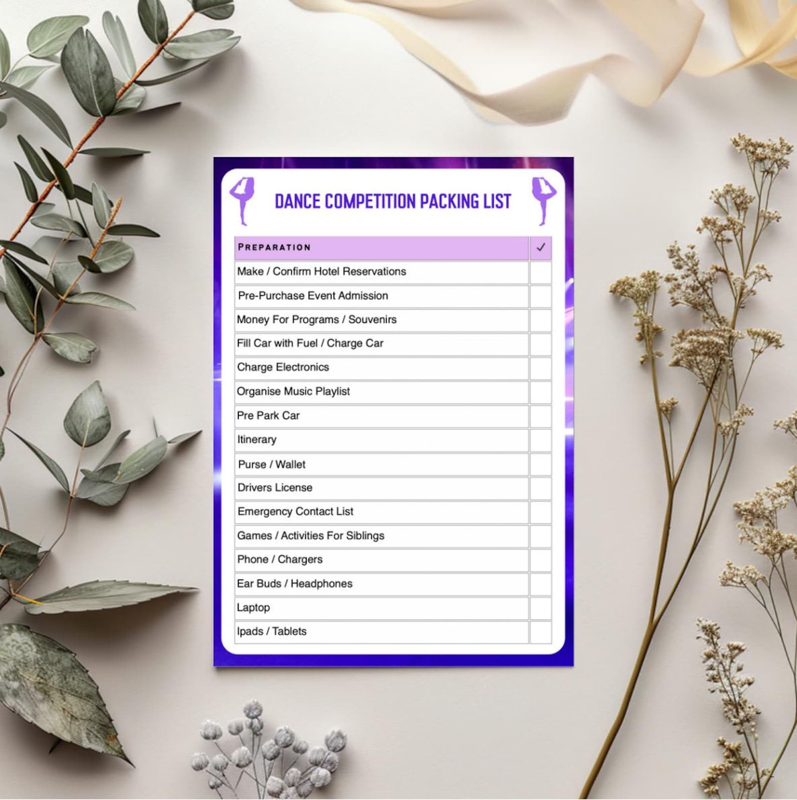 Editable Dance Competition Packing List Printable | Dance Checklist ...