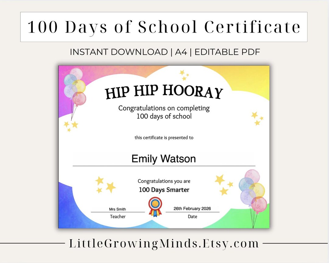 Editable 100 Days of School Certificate | Hip Hip Hooray 100 Days of ...