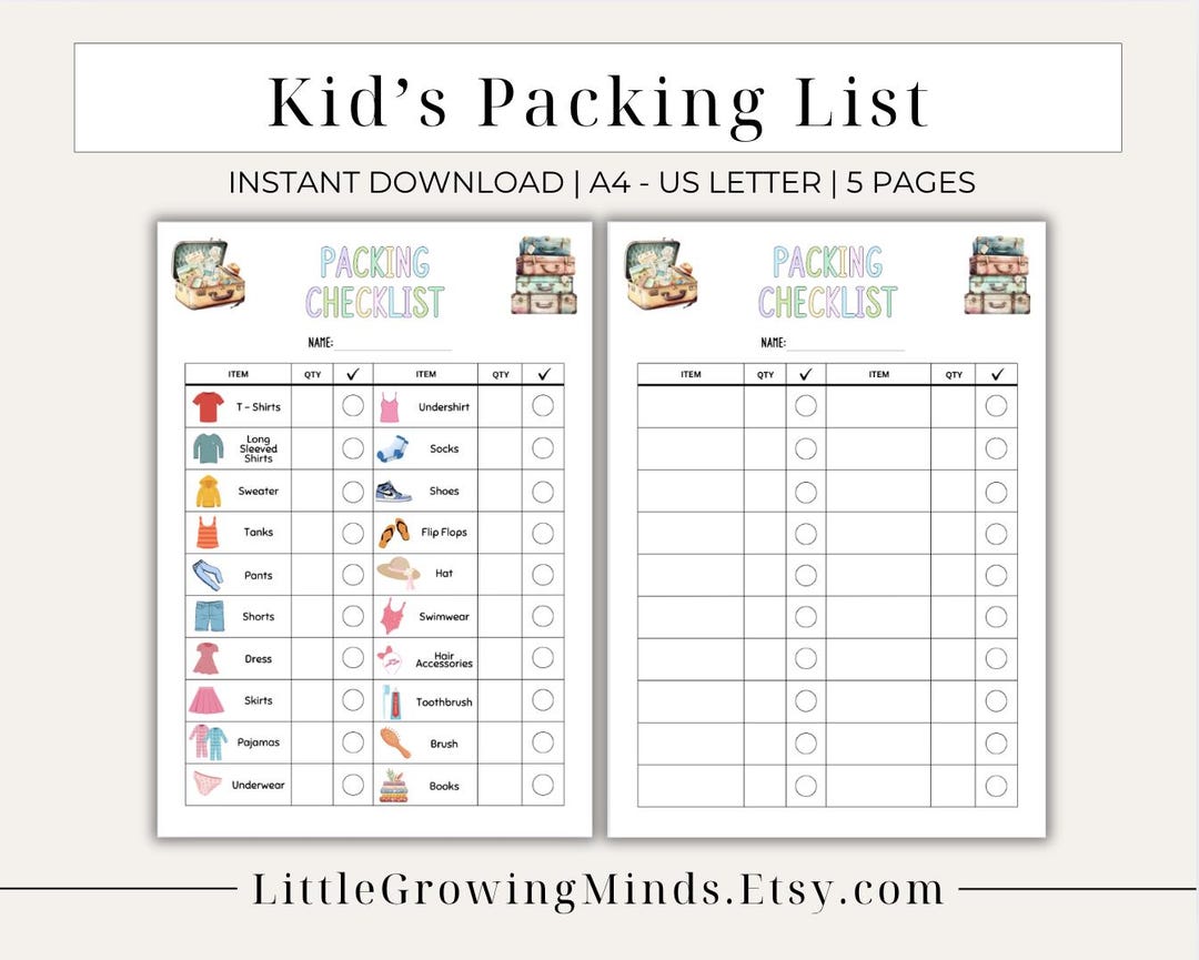 Kids Packing List | Kids Packing List | PRINTABLE | Packing List ...