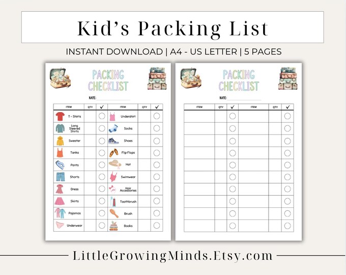 Kids Packing List, Kids Checklist , Vacation Travel Packing List ...