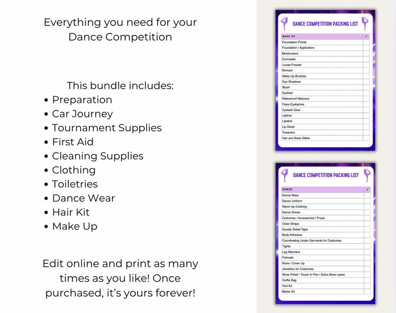 Editable Dance Competition Packing List Printable | Dance Checklist ...