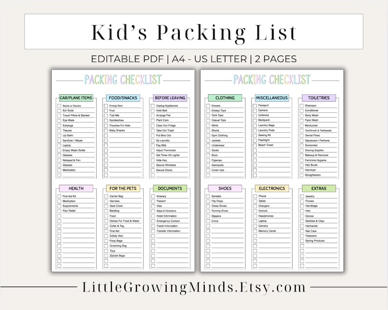 Kids Packing List, Editable Kids Packing List, Printable, Packing List ...