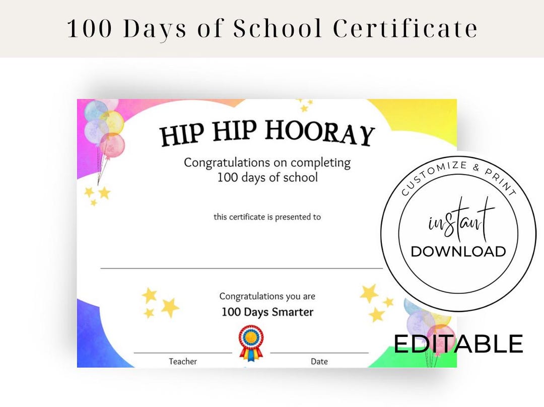 Editable 100 Days of School Certificate | Hip Hip Hooray 100 Days of ...