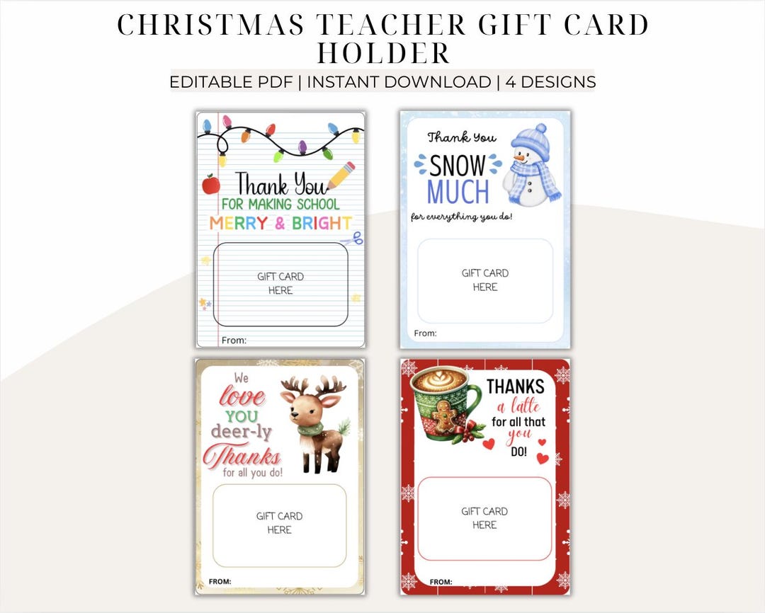 Printable Teacher Christmas Gift Card Holders, Editable Christmas ...