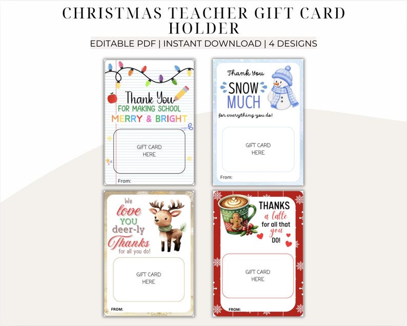 Printable Teacher Christmas Gift Card Holders, Editable Christmas ...