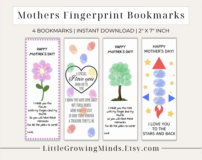 Mother's Day Printable Bookmark, Kids Fingerprint Art for Mothers Day ...