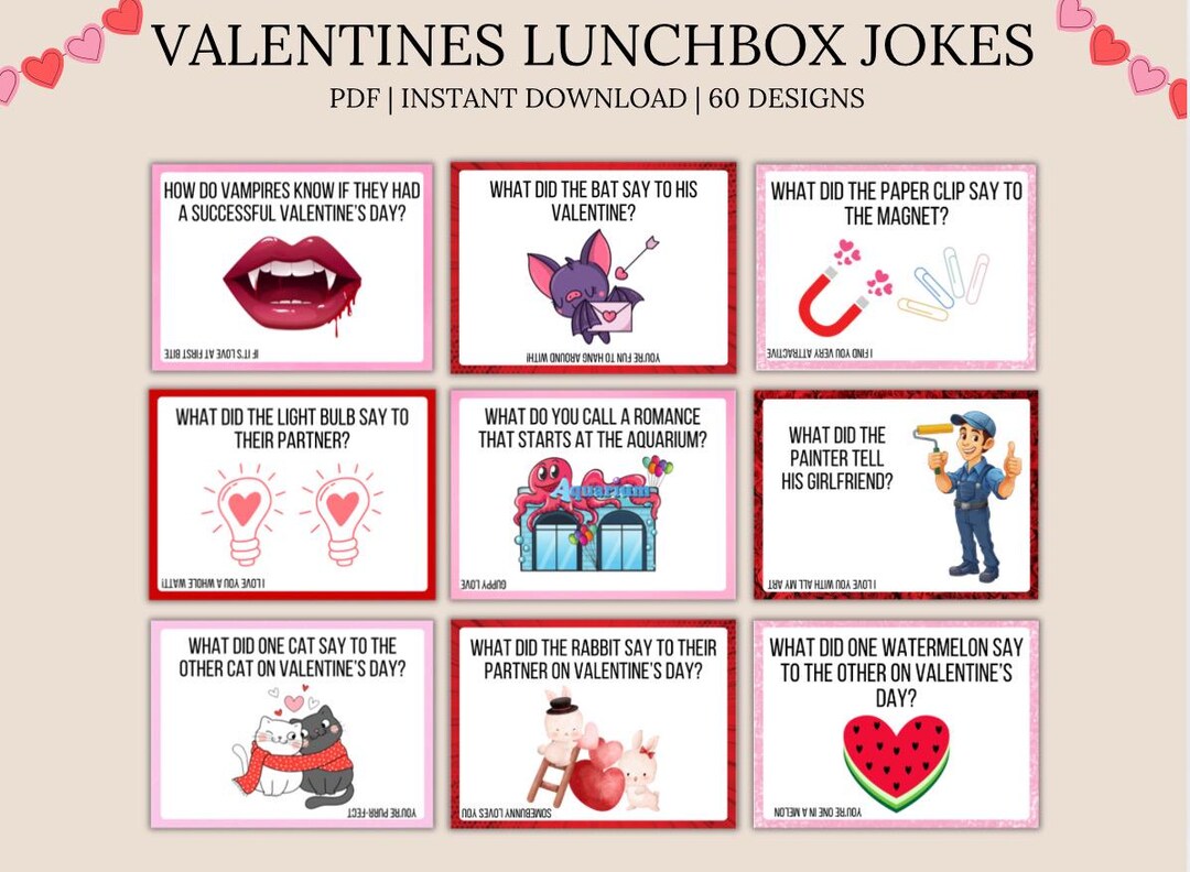 60 Kids Valentine's Day Lunch Note Jokes, Printable Valentine's Day ...