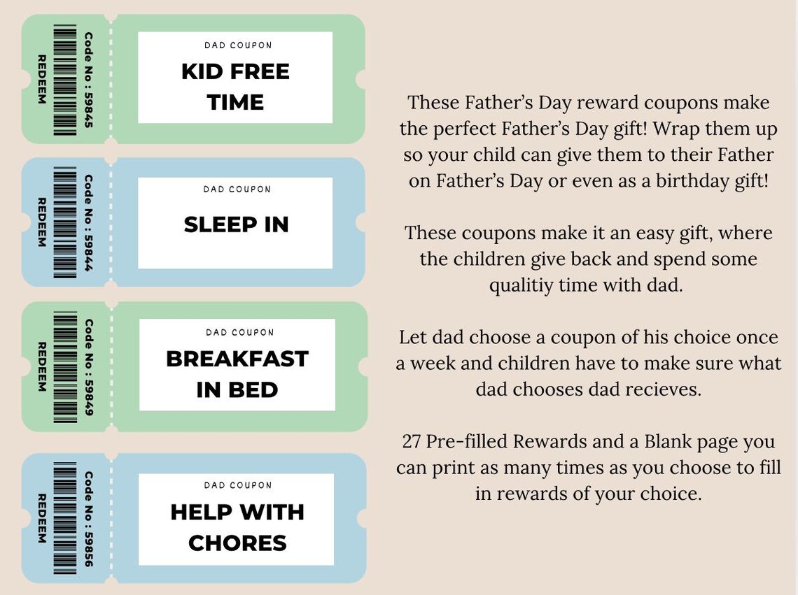 Printable Fathers Day Coupon Book, Instant Download, PDF, DIY Dads Gift ...