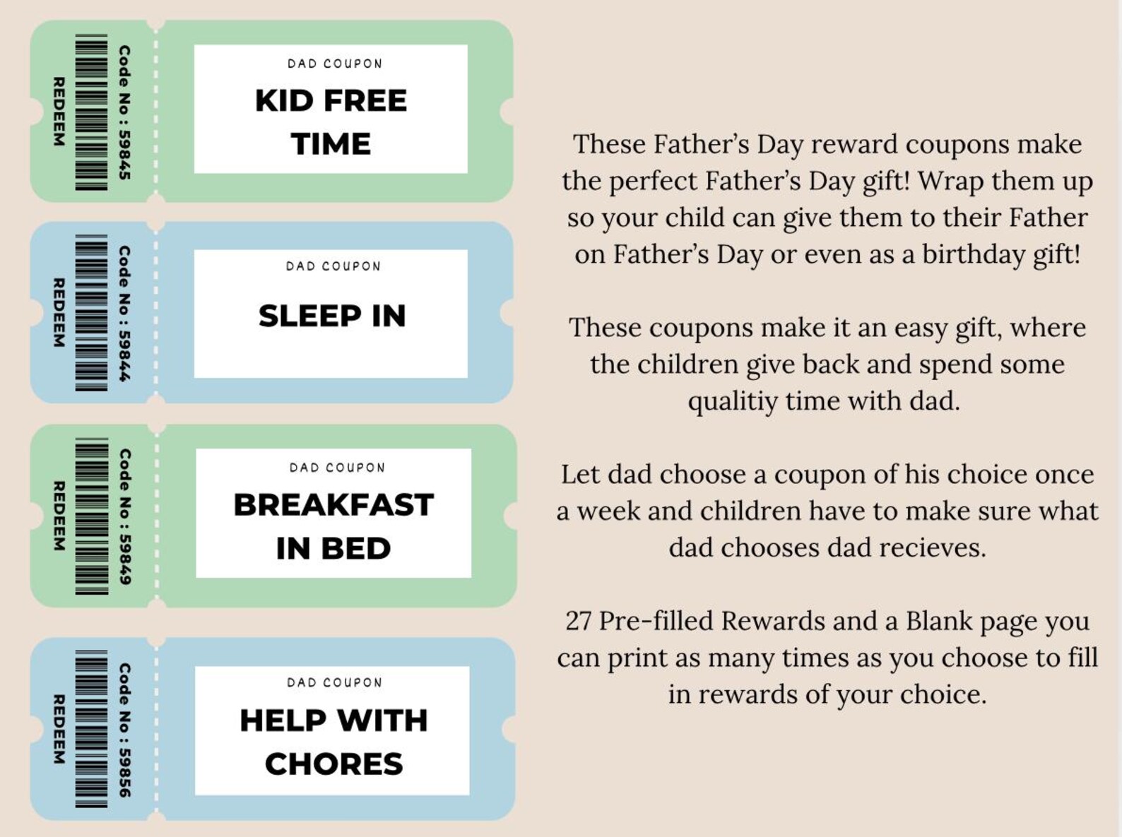 Printable Fathers Day Coupon Book, Instant Download, PDF, DIY Dads Gift ...