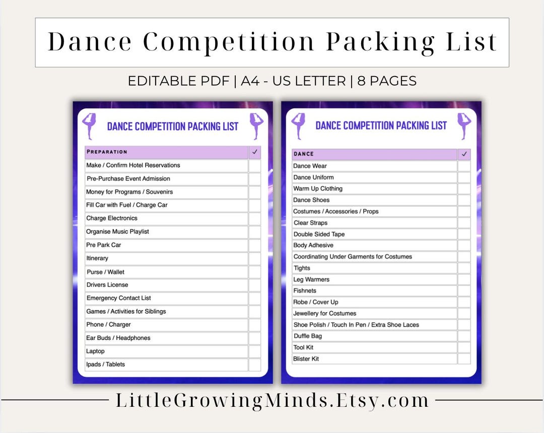 Editable Dance Competition Packing List Printable | Dance Checklist ...