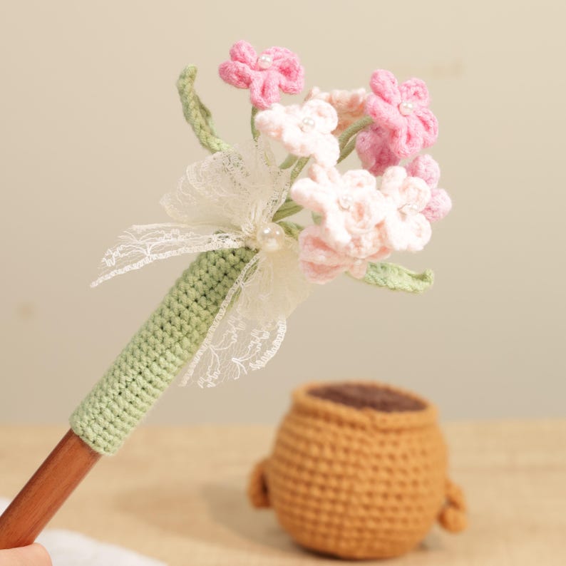 Crochet Flower Pen With Pot, Tulip & Floral Bouquet, Handmade Crochet ...
