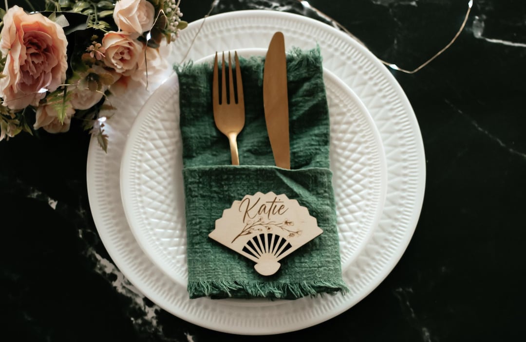 Personalized Japanese Fan Place Card - Custom Wood Table Setting ...