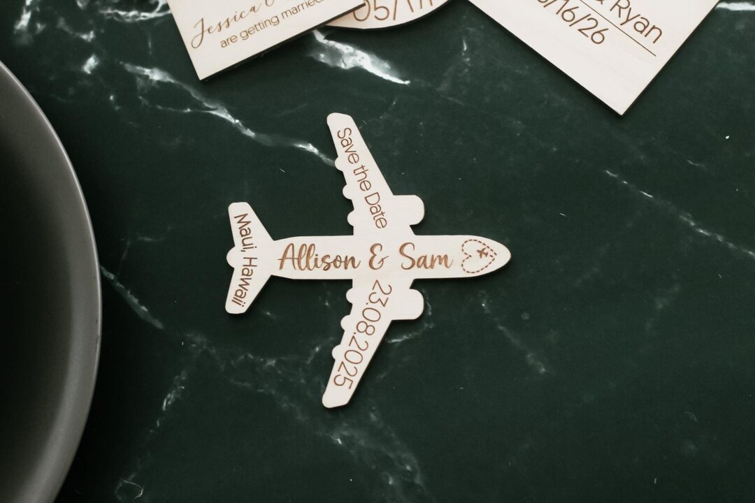 Airplane Save the Date Magnets - Custom Wooden Travel Theme Wedding ...