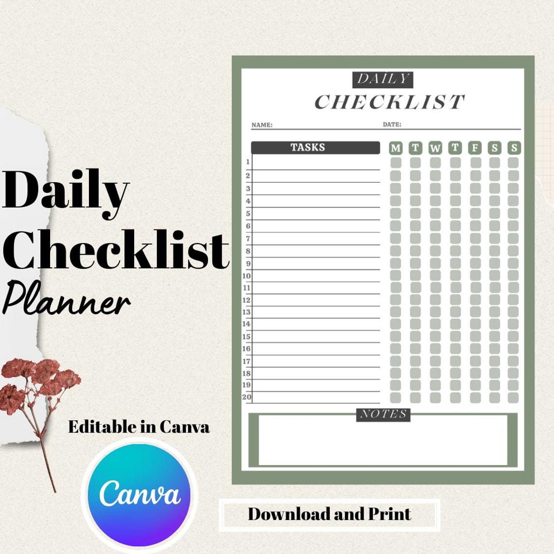 Editable Daily Checklist: Printable Planner, To-do List (PDF Download ...