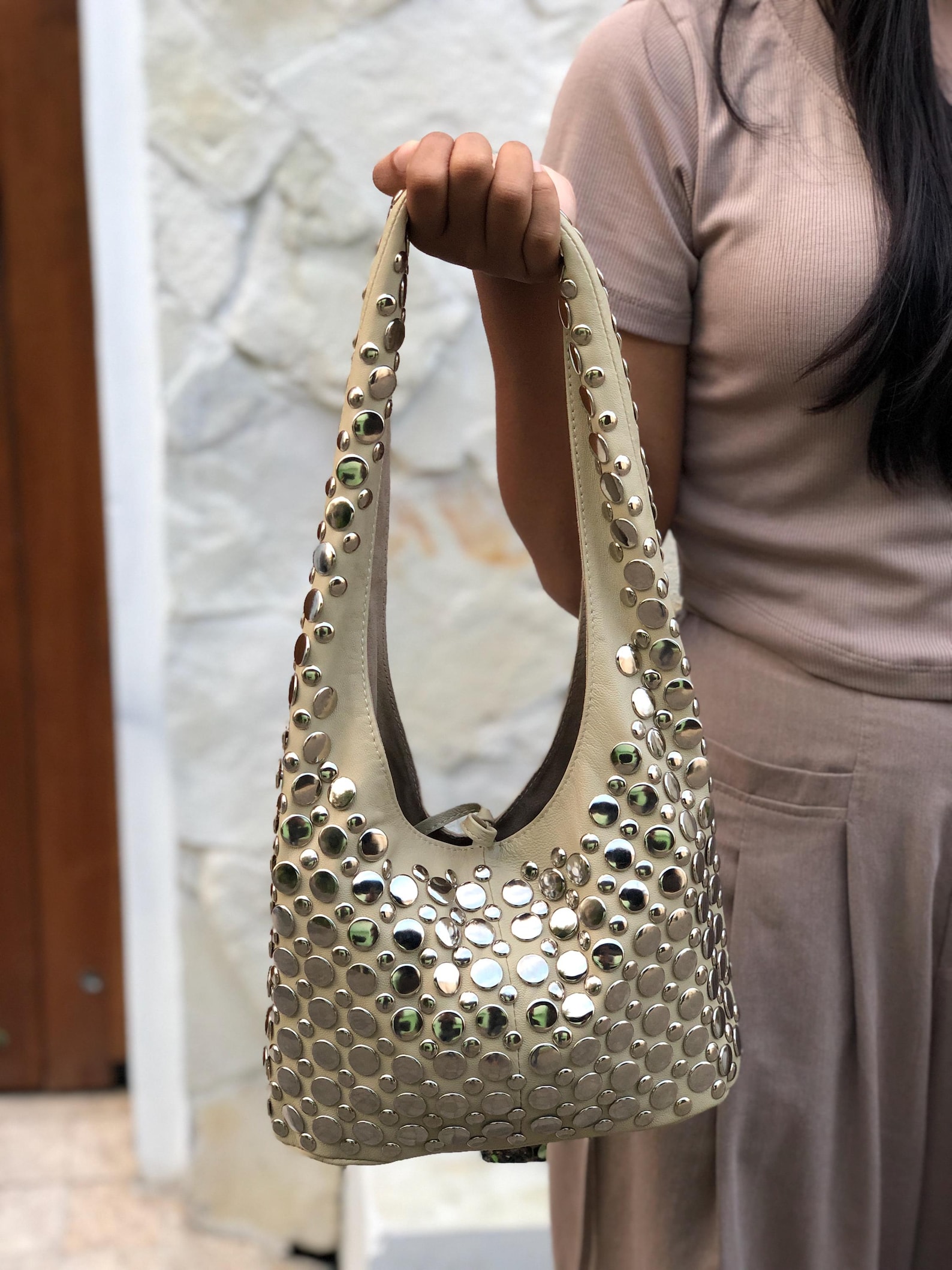 Studded Bag Beige Small Size, Gifts for Chritmas - Etsy
