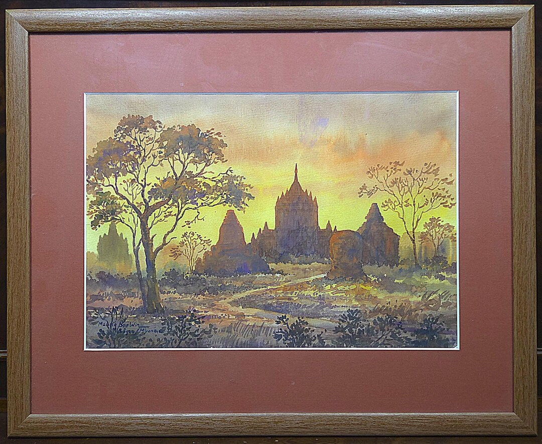 Bagan Sunset Watercolor Painting: Signed Myanmar Temple Art by Maung ...