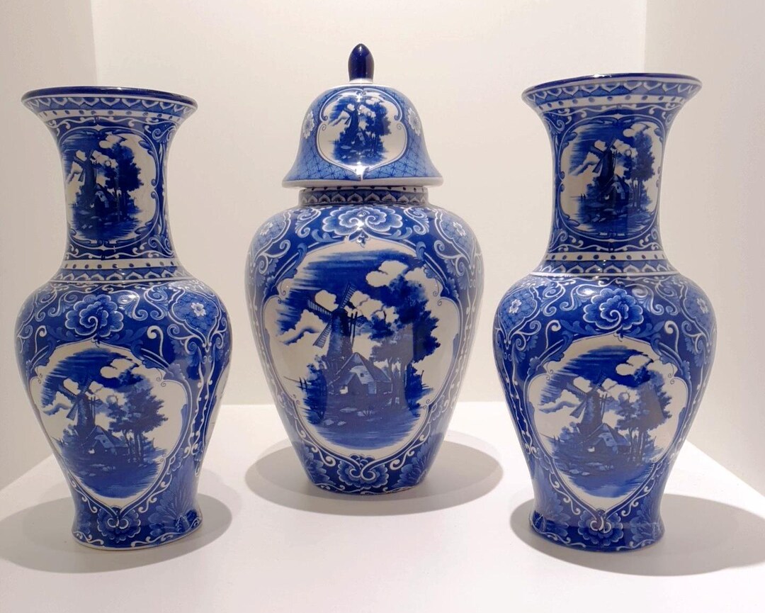 Vintage 1970s Delft Blue Porcelain Vase Trio - Hand-painted Dutch ...