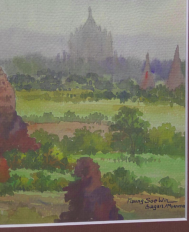 Original Bagan Temple Landscape: Signed Myanmar Watercolor Painting by ...