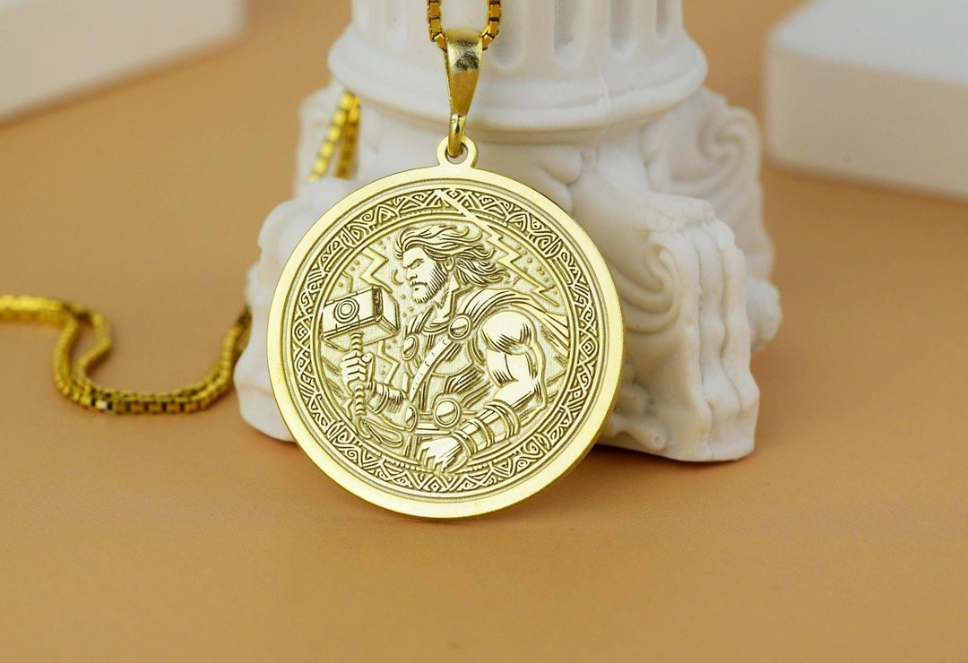 Thor Charm Necklace, Solid Gold God of Thunder Pendant, Silver Thor ...