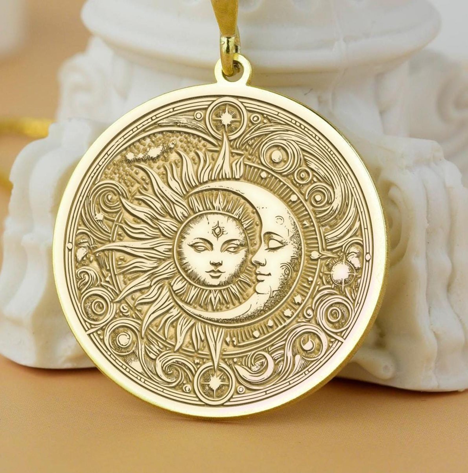 Moon & Sun Celestial Necklace - Gold Plated Pendant With Cosmic Art ...
