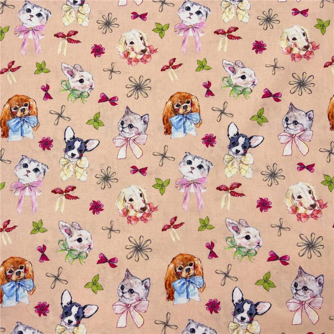 Cute Cat and Dog Fabric Pet Themed Fabric 100% Cotton Cartoon Fabric by ...