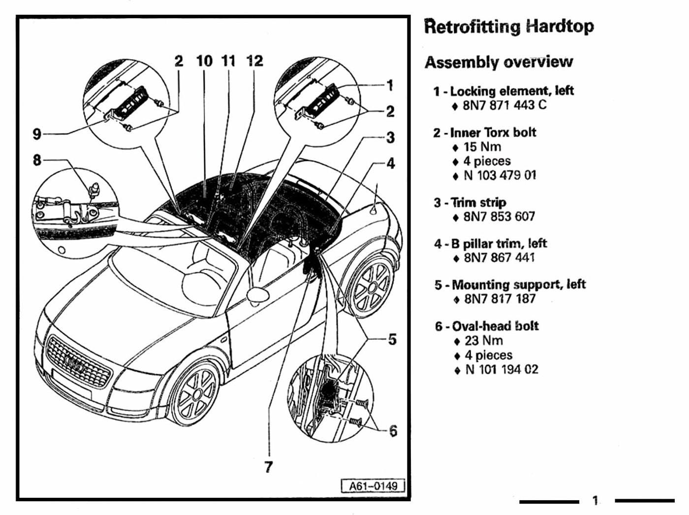 Audi TT MK1 Roadster Hardtop Roof Mounting Fitting Kit Brackets >inox 316l