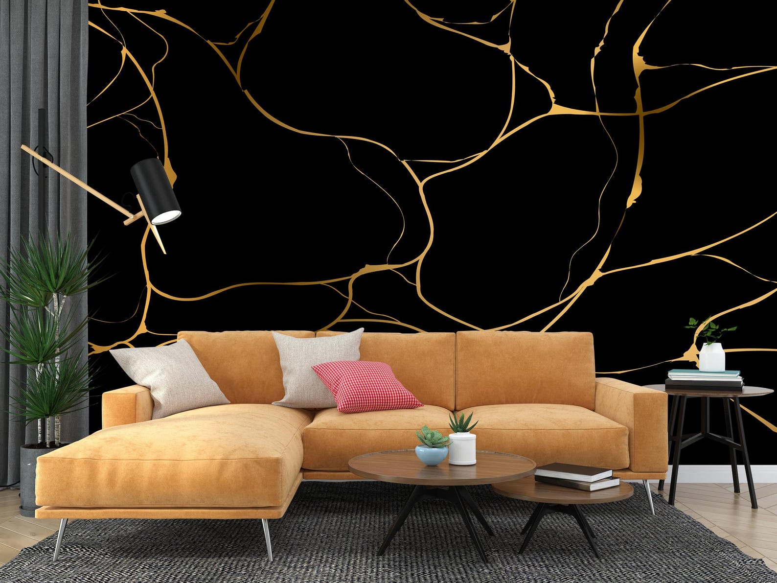 Gold Kintsugi Wallpaper - Black Background With Cracked Marble Texture ...