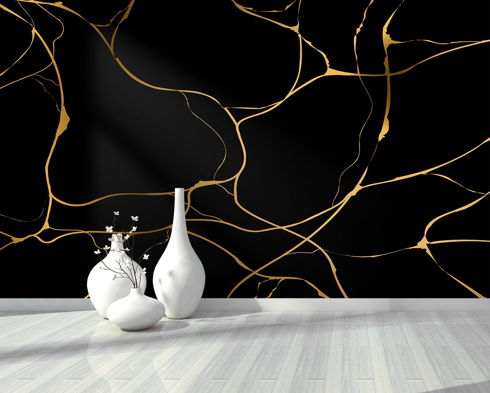 Gold Kintsugi Wallpaper - Black Background With Cracked Marble Texture ...