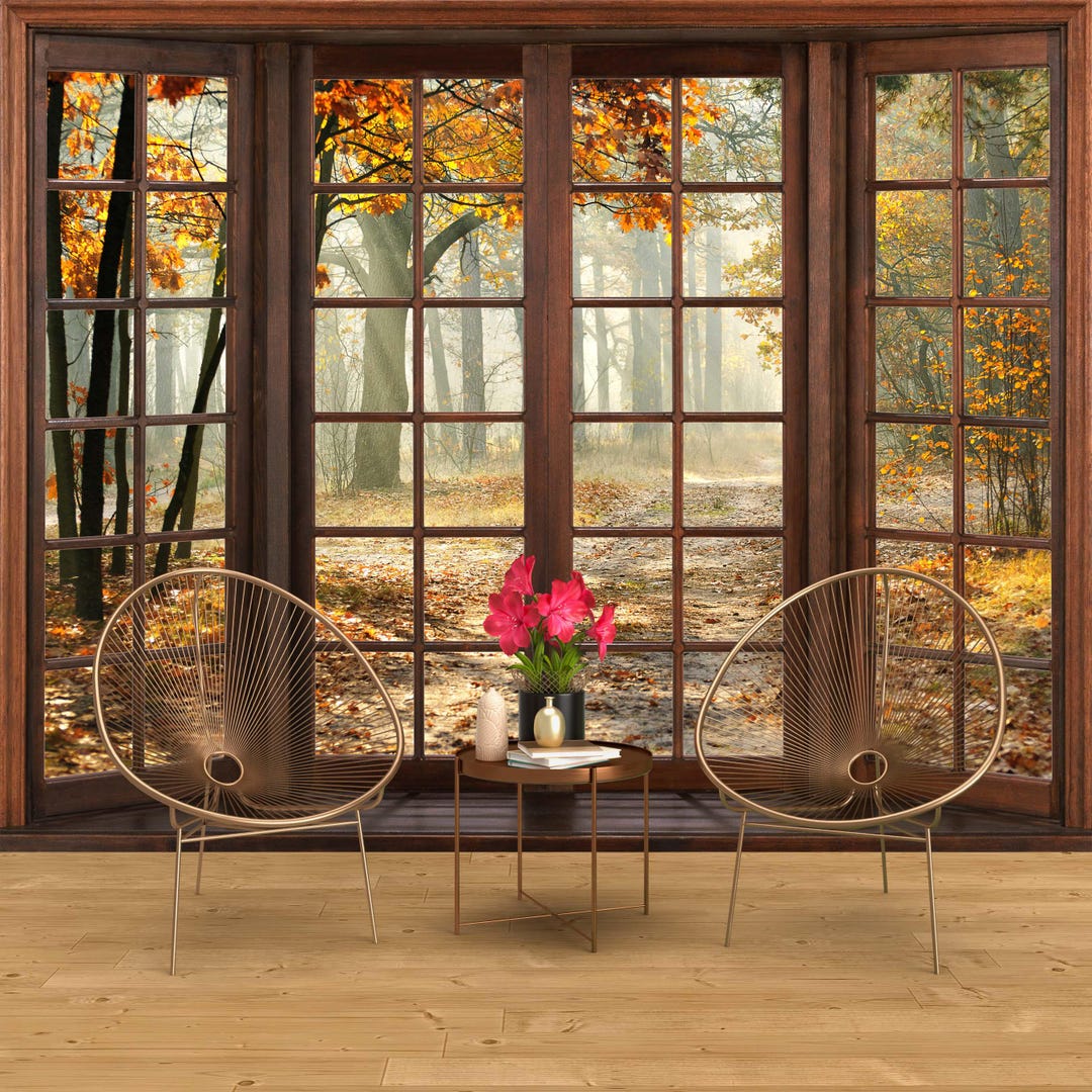 3D Window View Wallpaper, Autumn Landscape Art, Autumn Decor for Home ...