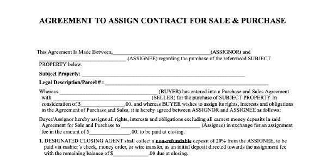 Agreement to Assign Contract for Sale & Purchase - Etsy
