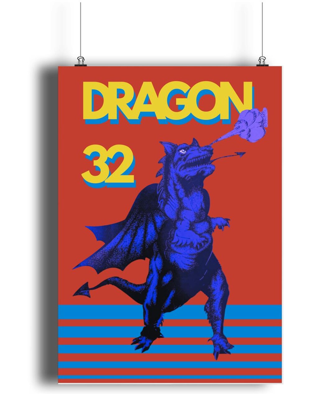 Vintage 80s Dragon 32 Computer Poster - Blue Creature on Crimson ...