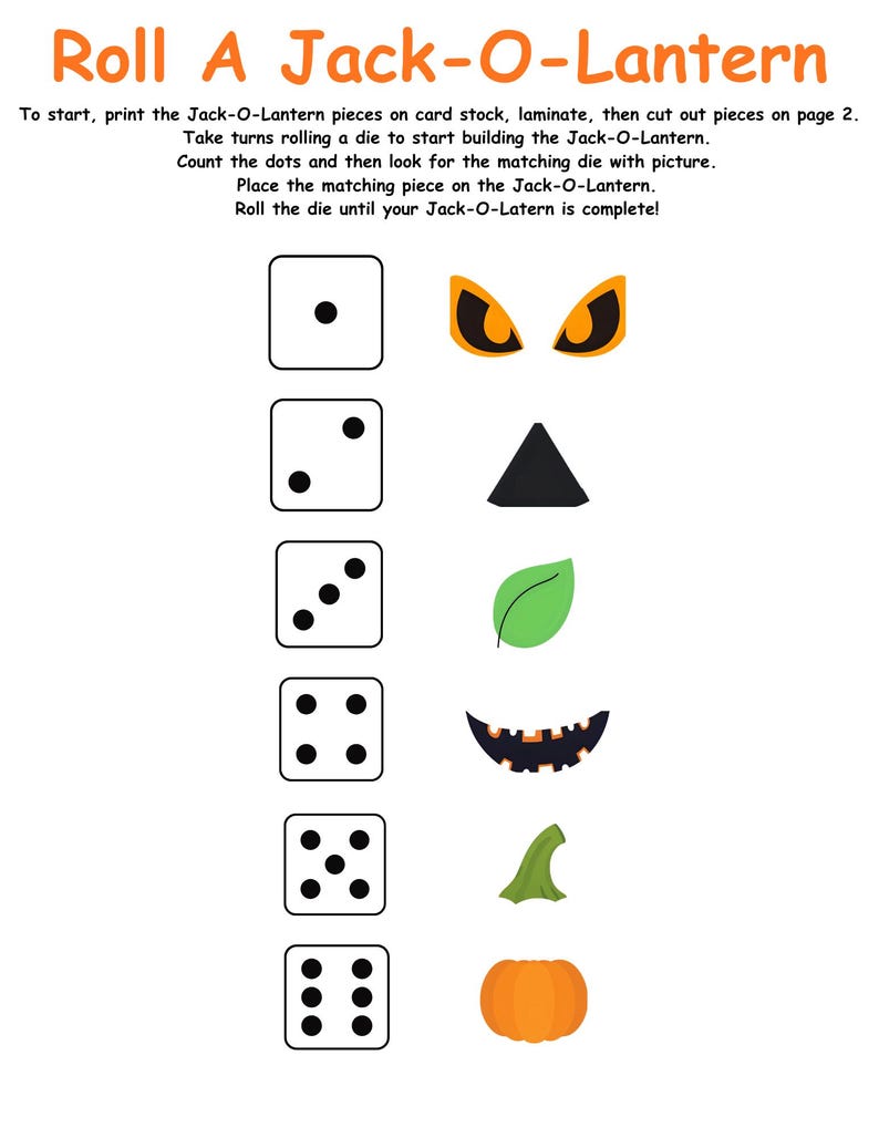 Roll A Jack-o-lantern Game, Printable Kids Dice Game, Roll a Pumpkin - Etsy
