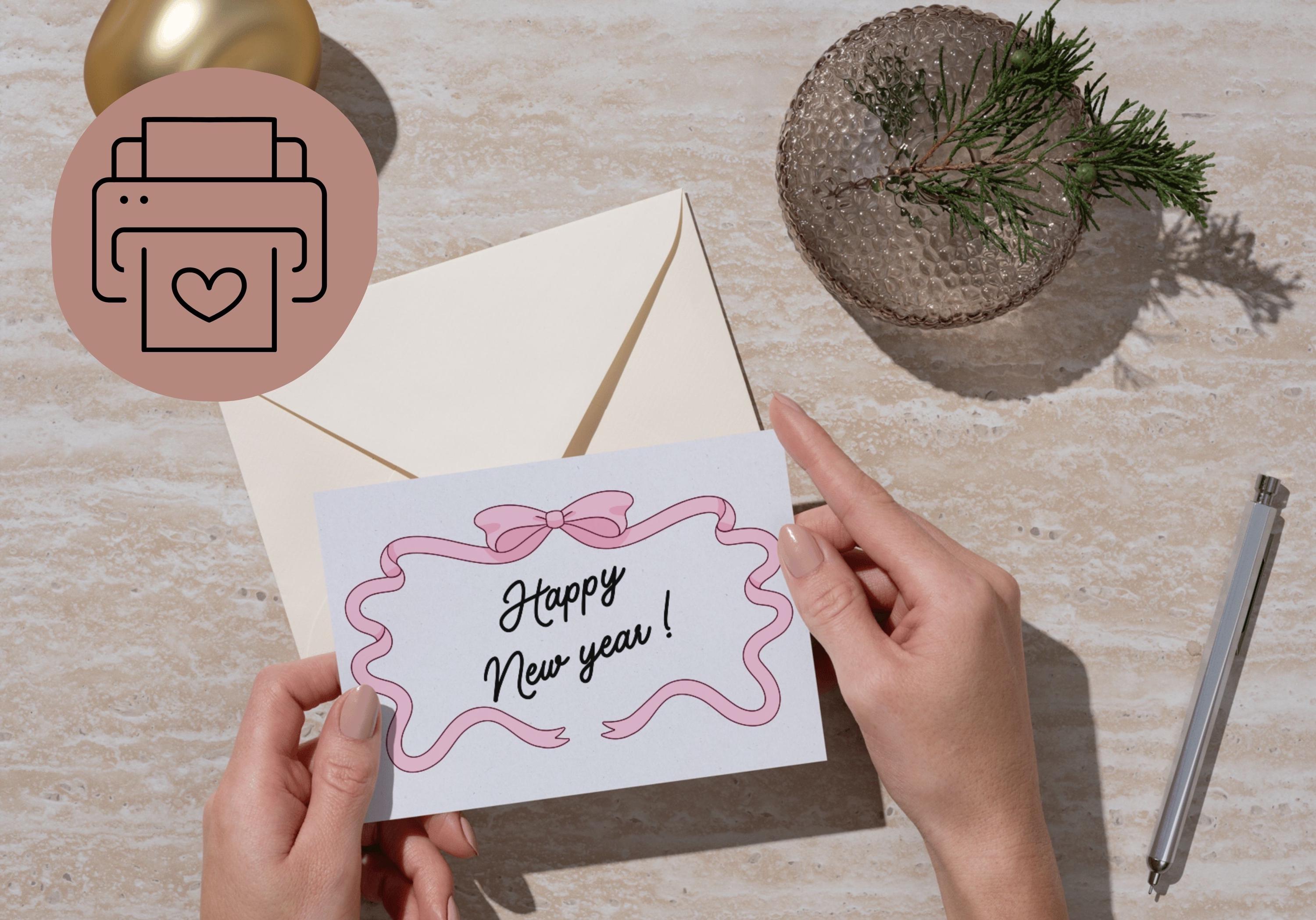 2025 Happy New Year Card – Pink Ribbon Design | Editable & Printable ...