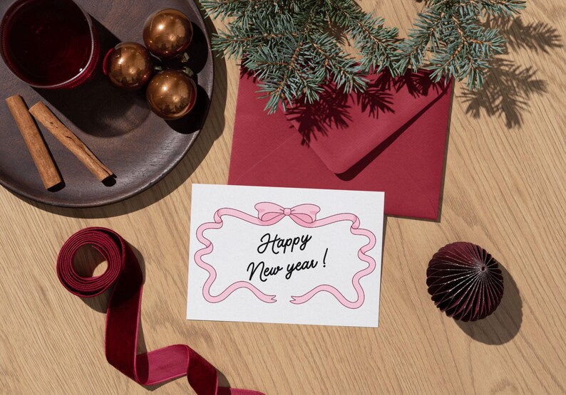 2025 Happy New Year Card – Pink Ribbon Design | Editable & Printable ...