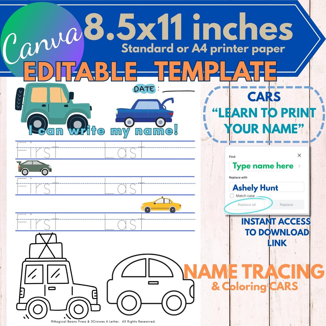 Personalized Name Tracing Worksheet: Car Theme (digital Download) - Etsy