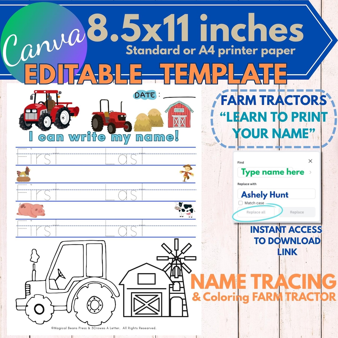 Personalized Name Tracing Worksheet: Farm Tractor Theme (digital ...