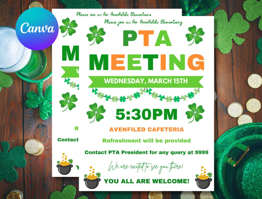 PTO PTA Meeting Flyer Editable Template for Back to School March ...