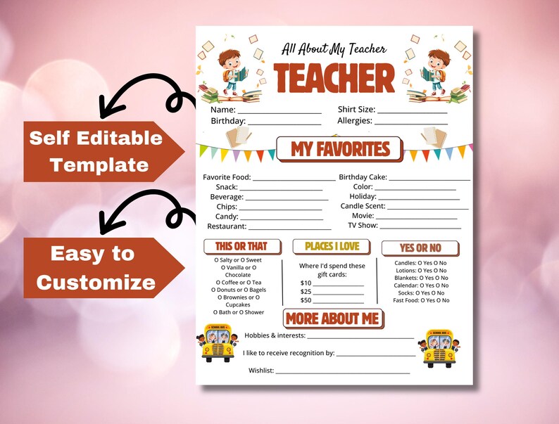 All About My Teacher Printable, Favorite Things Questionnaire, Ready to ...