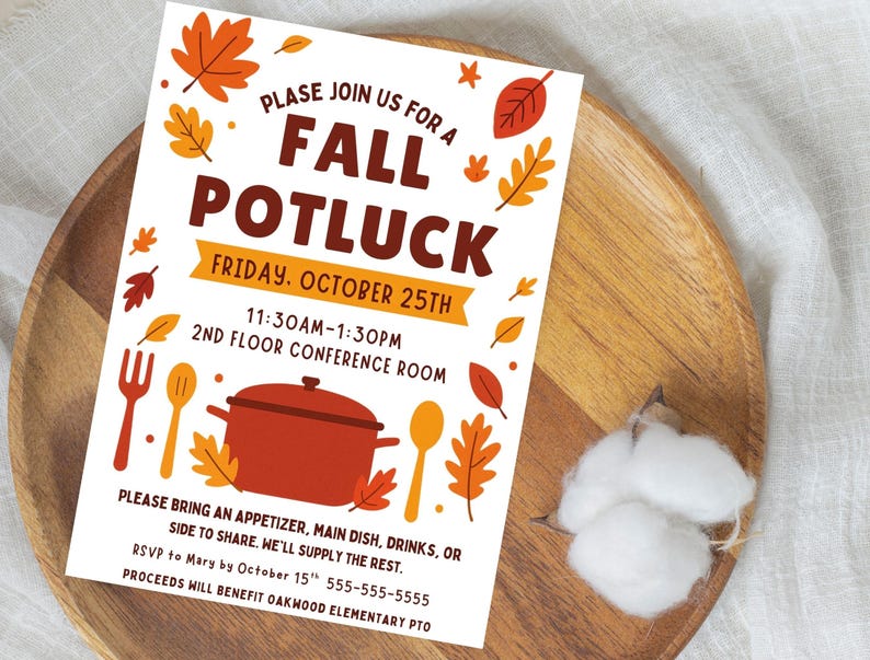 Editable Fall Potluck Flyer Template, Autumn Luncheon Invite Printable ...