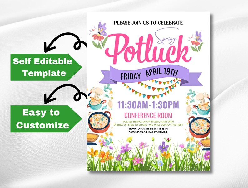 Editable Spring Potluck Invite Printable, Potluck Luncheon Party Flyer ...