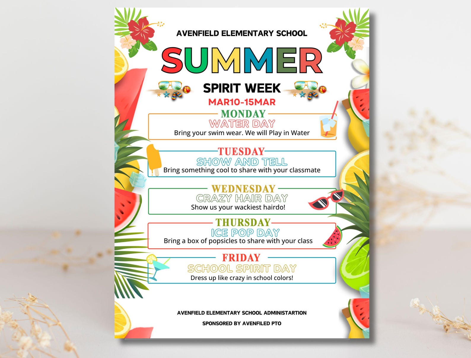Summer Spirit Week Flyer Template: Editable School Event Planner ...